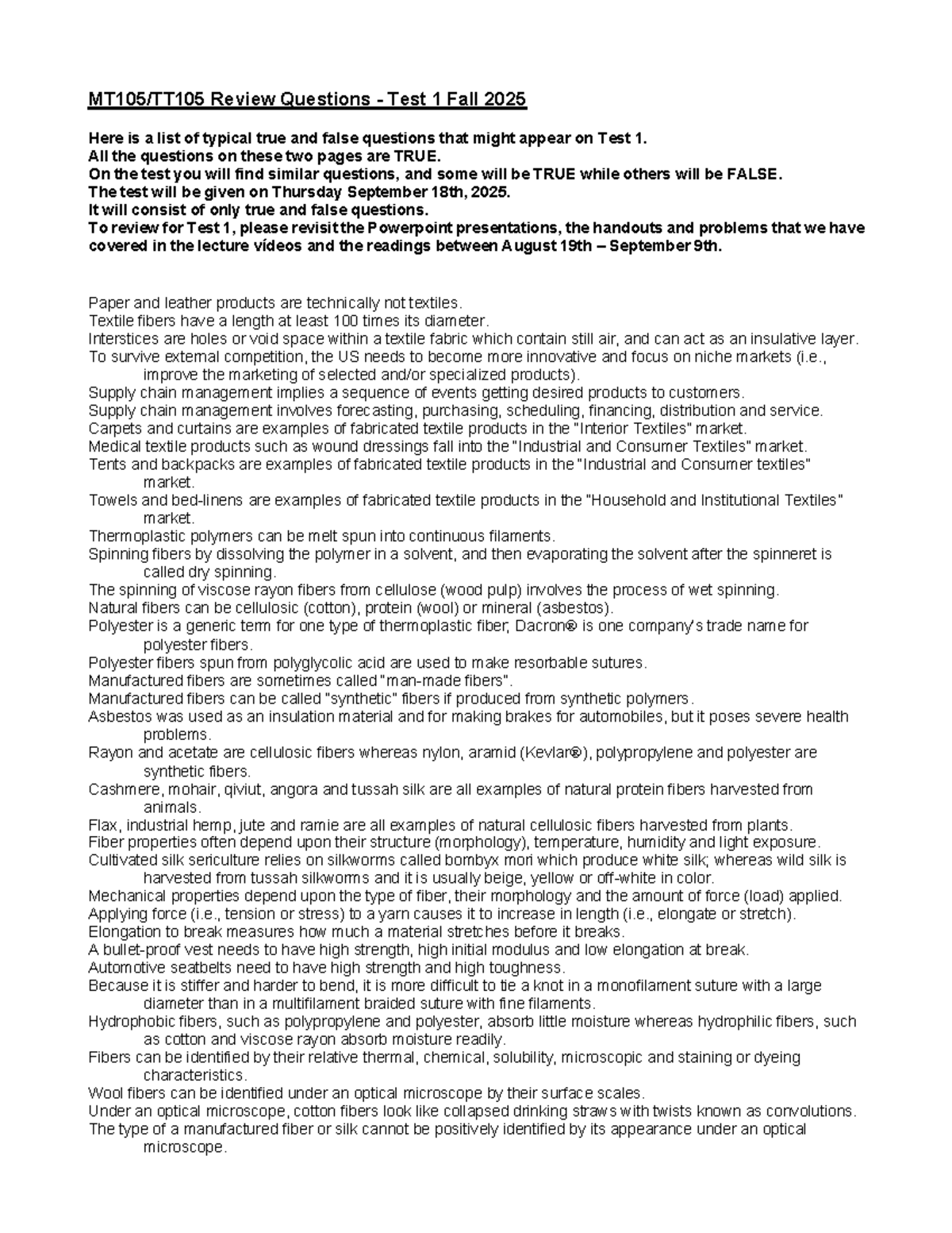 Textile Fibers Review Questions for Test 1 - MT105/TT105 - Studocu