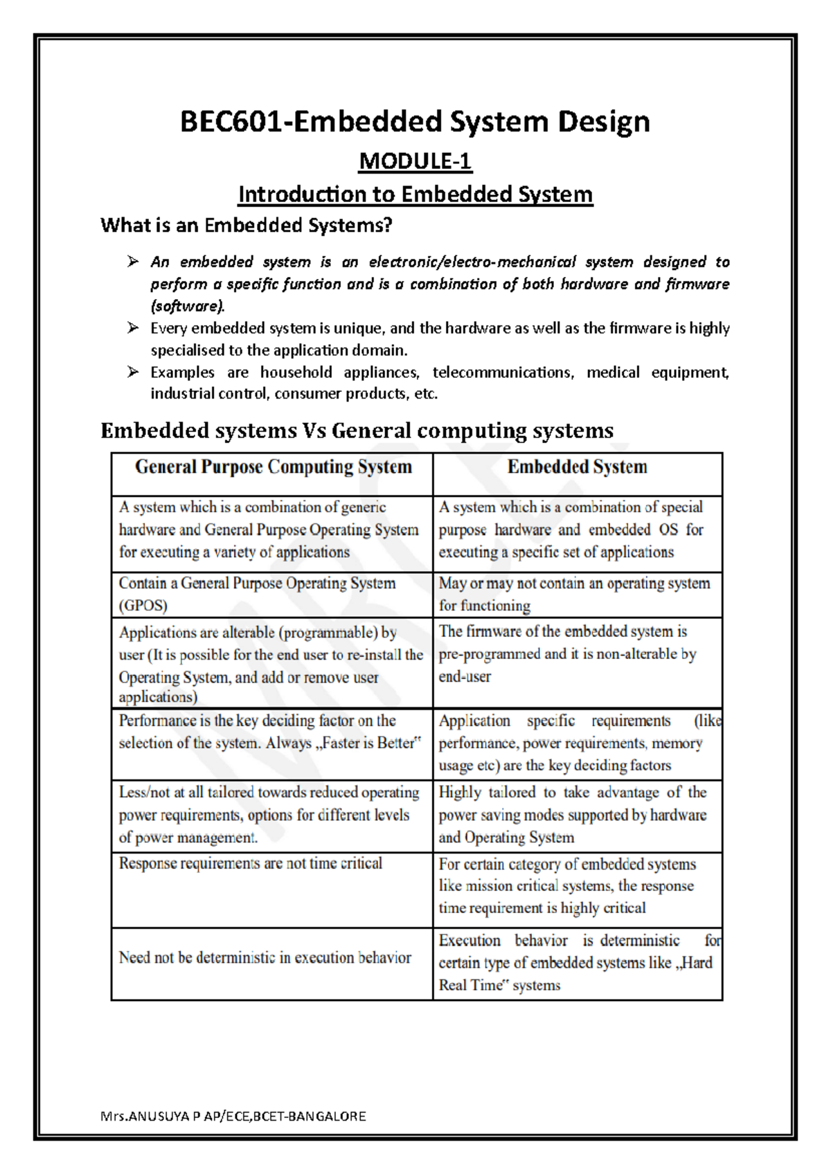 BEC601 Module 1: Introduction to Embedded Systems and Their Applications - Studocu