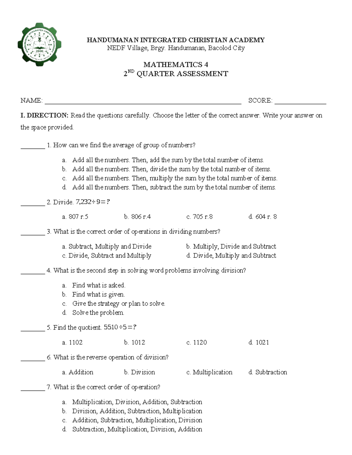 2ND Quarter Assessment - MATH 4: Division & Operations Quiz - Studocu