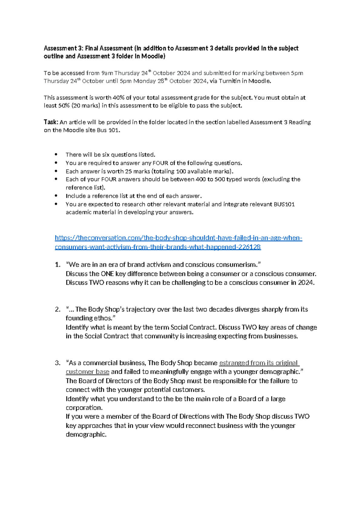 BUS 101 Assessment 3: Final Exam Questions for Spring 2024 - Studocu