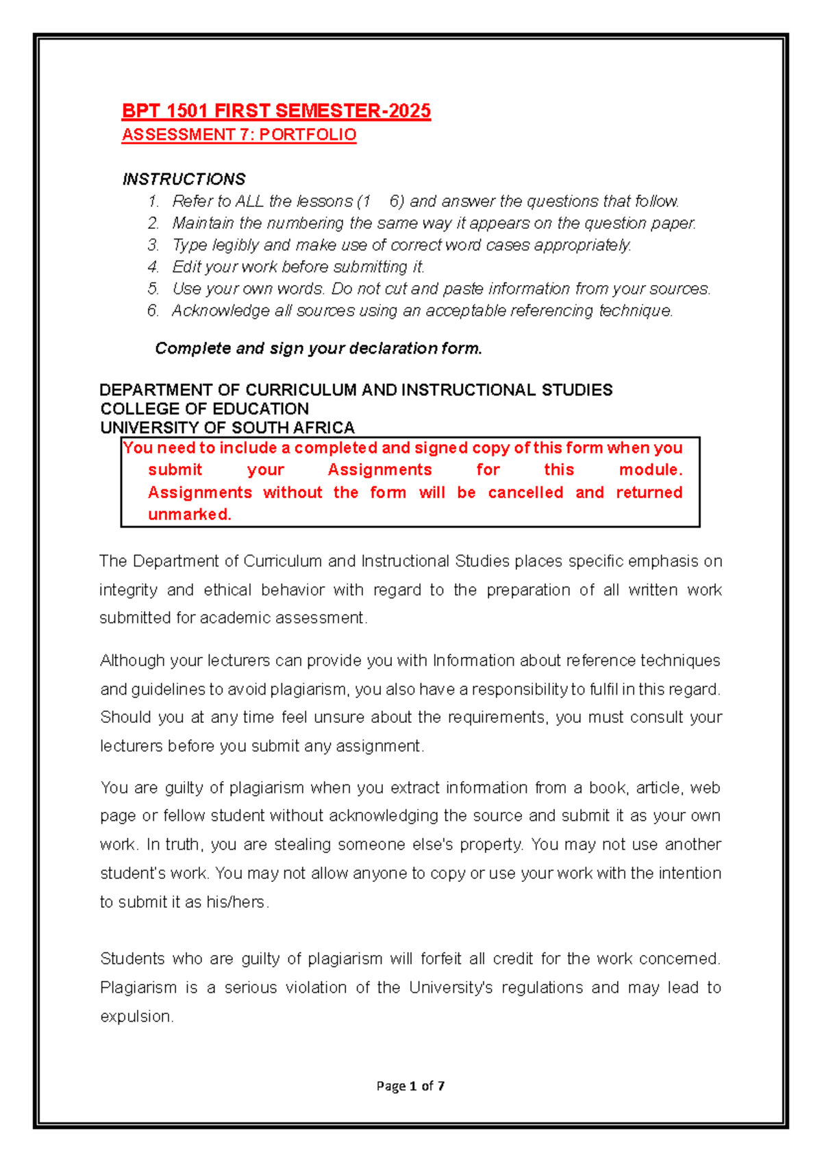BPT 1501 Sem1 2025 Portfolio: First Assessment Guidelines and Questions - Studocu