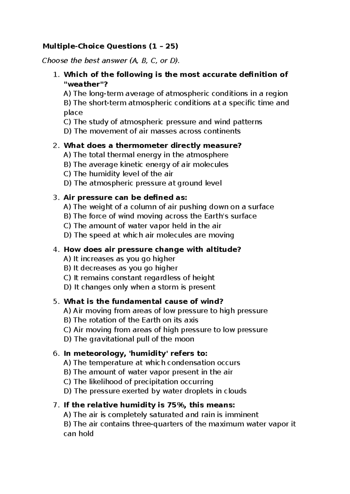 Ch3 Quiz5 - Science - Chapter 3 Weather Concepts Practice Quiz - Studocu