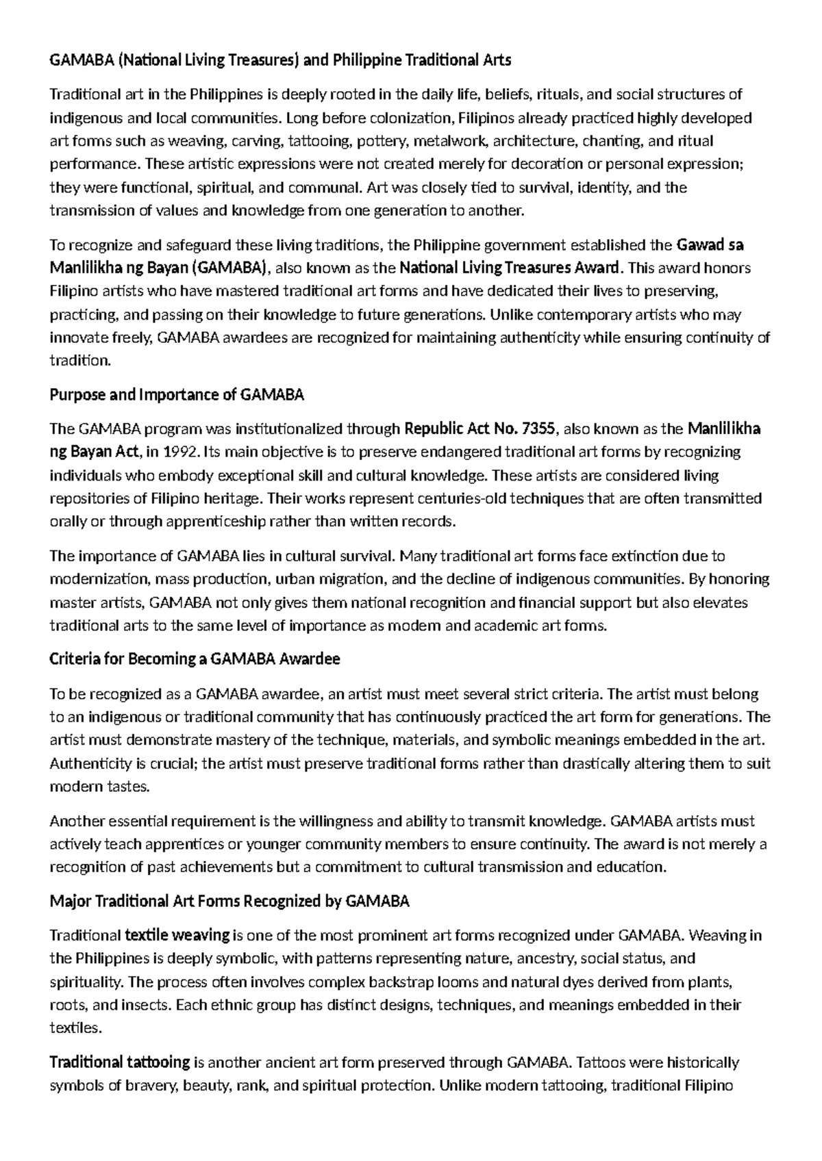 GAMABA (Gawad sa Manlilikha ng Bayan) Award Notes and Insights - Studocu