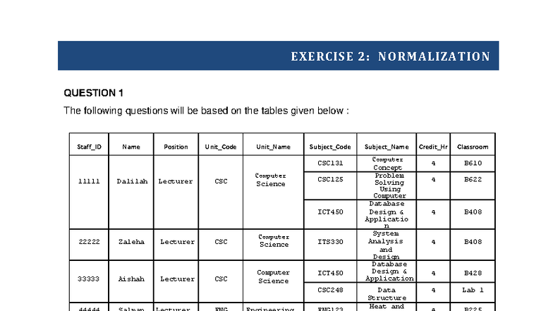 Exercise 3: Normalization Questions and Solutions (CSC131) - Studocu