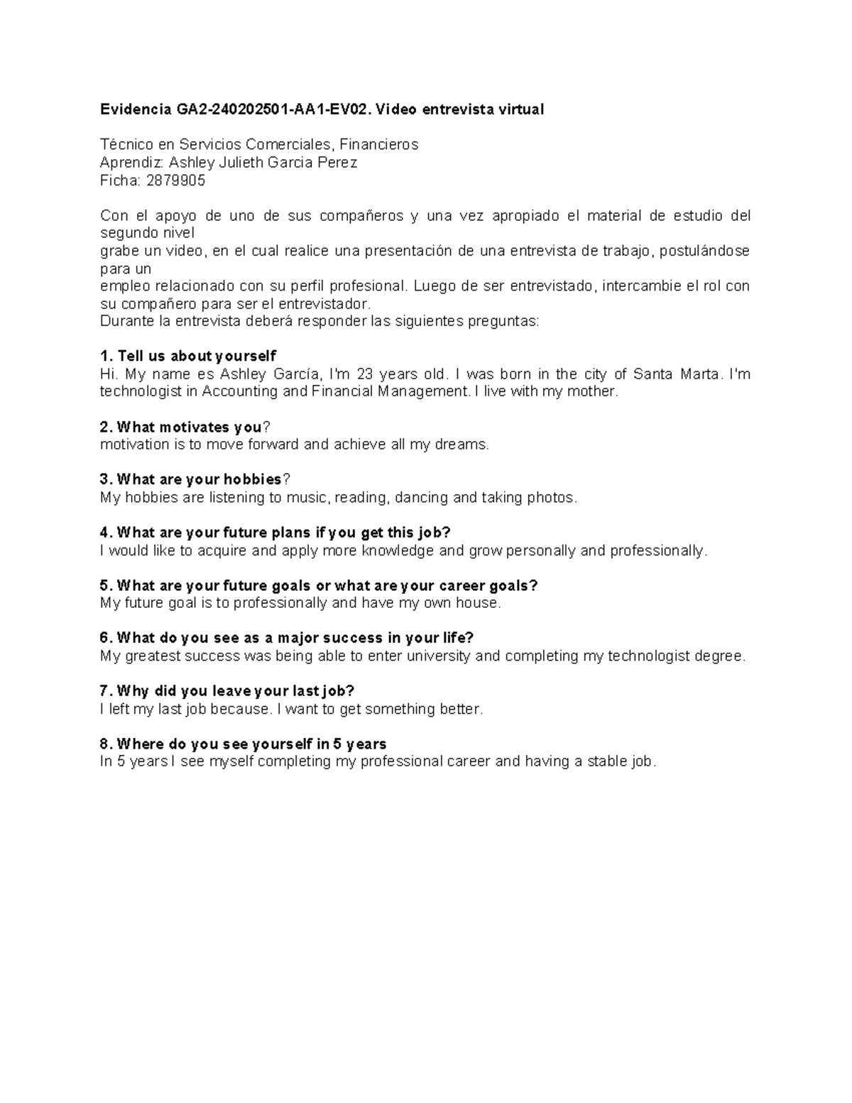 Evidencia GA2-240202501-AA1-EV02: Entrevista Virtual de Trabajo - Studocu