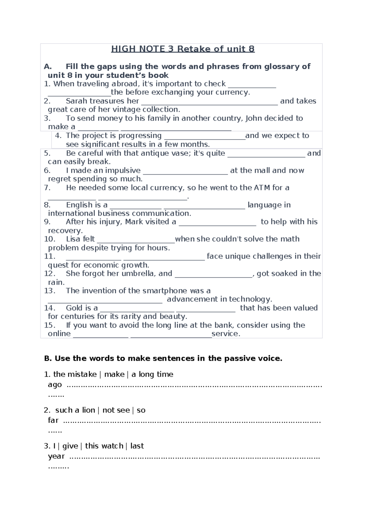 HIGH NOTE 3 Retake of Unit 8 Test: Fill in the Gaps and Passive Voice ...