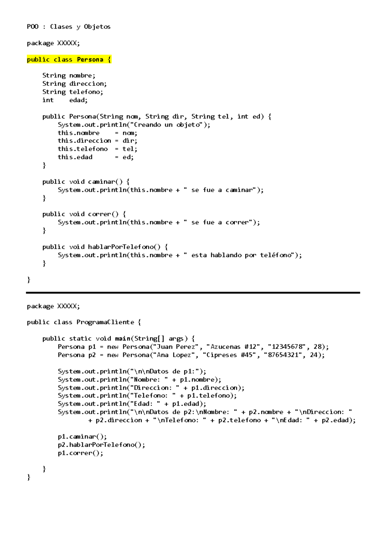 POO-Ejemplo JAVA Clase-Atributos-Metodos - POO : Clases y Objetos package XXXXX; public class ...