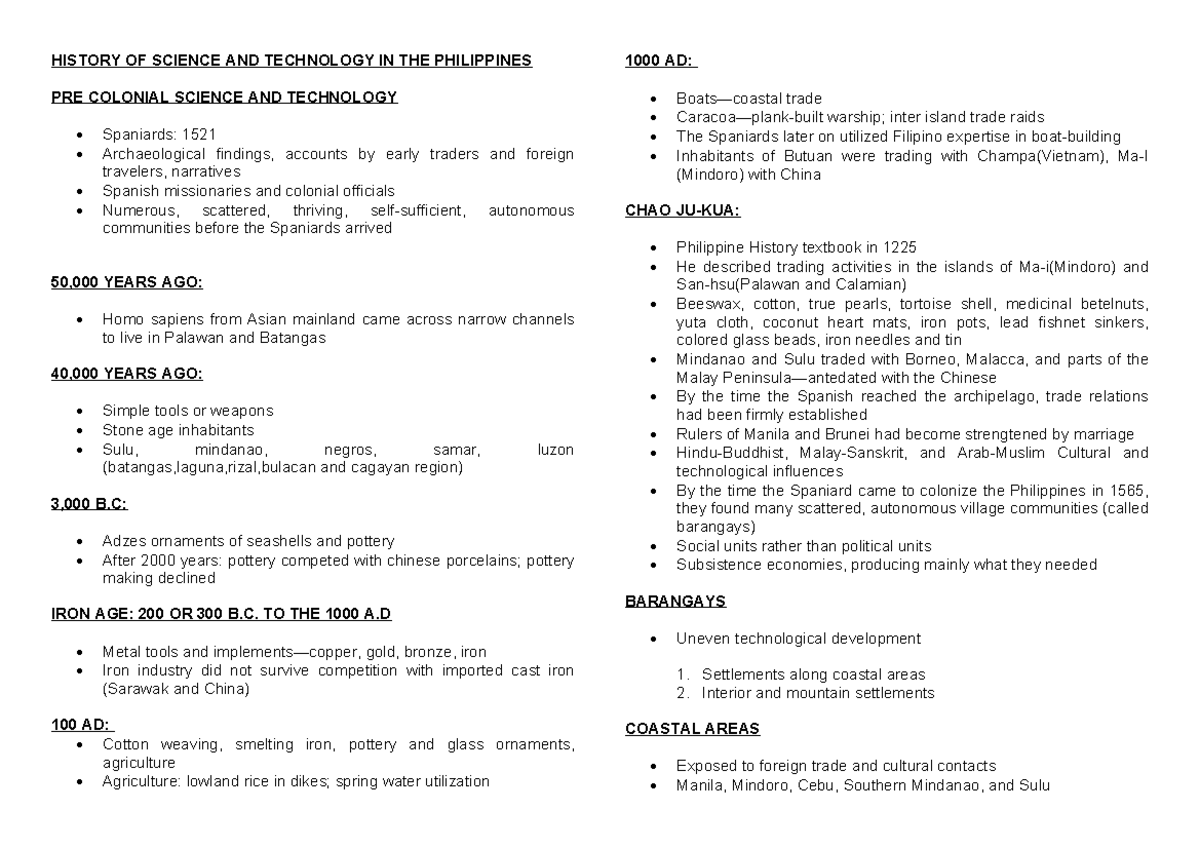 HIST 101: Pre-Colonial Science & Technology in the Philippines - Studocu