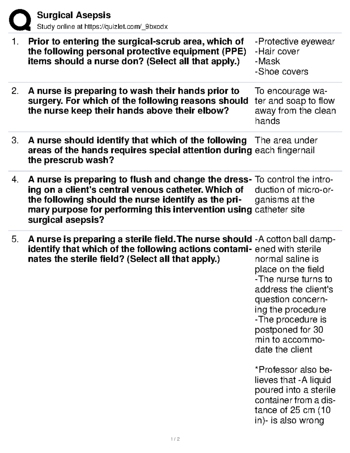 NURS 101: Final Exam Study Guide on Surgical Asepsis Techniques - Studocu
