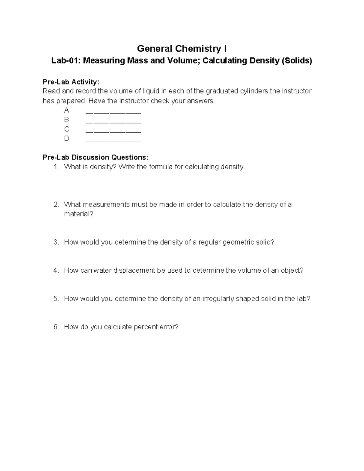 General Chemistry I Lab-01: Measuring Density of Solids & Methods ...