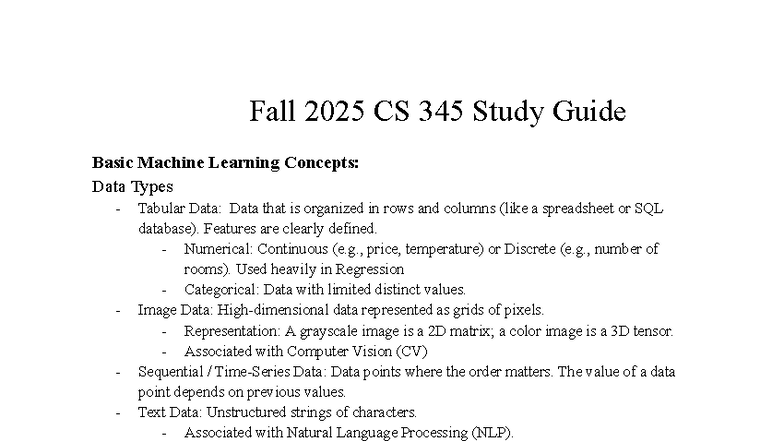 CS 345 Fall 2025 Study Guide: Key Machine Learning Concepts - Studocu