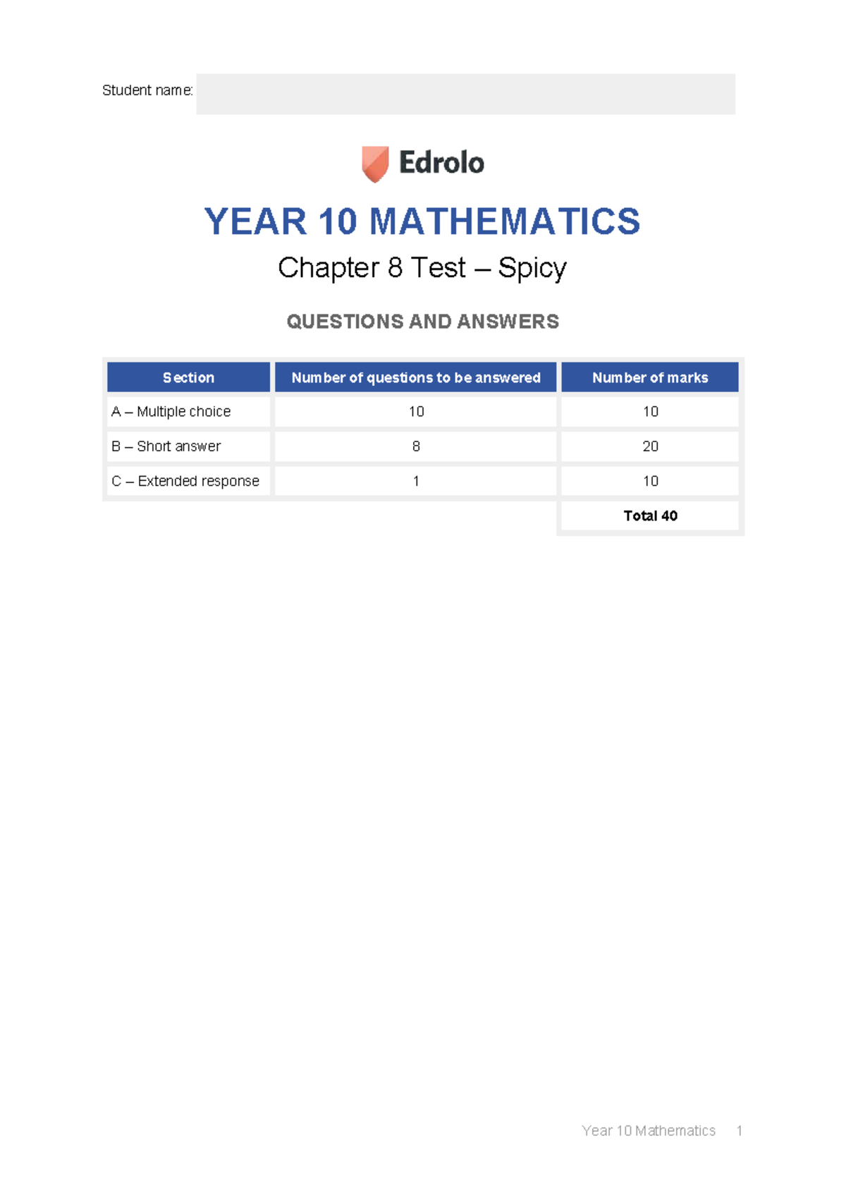 YEAR 10 MATHEMATICS Chapter 8 Test: Non-Linear Graphs & Rates of Change ...