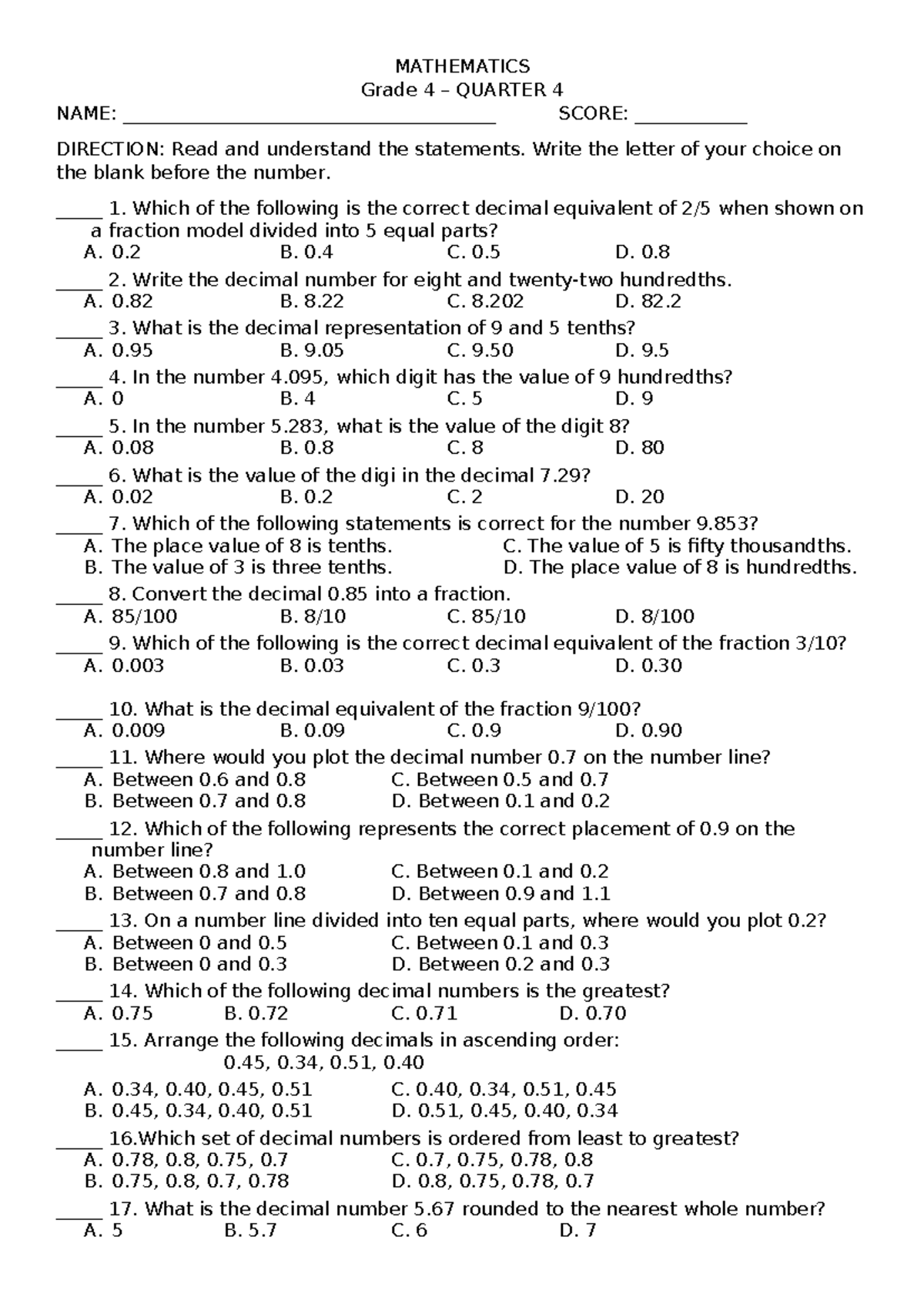 MATHEMATICS Grade 4 Formative Assessment 8: Decimals and Fractions ...