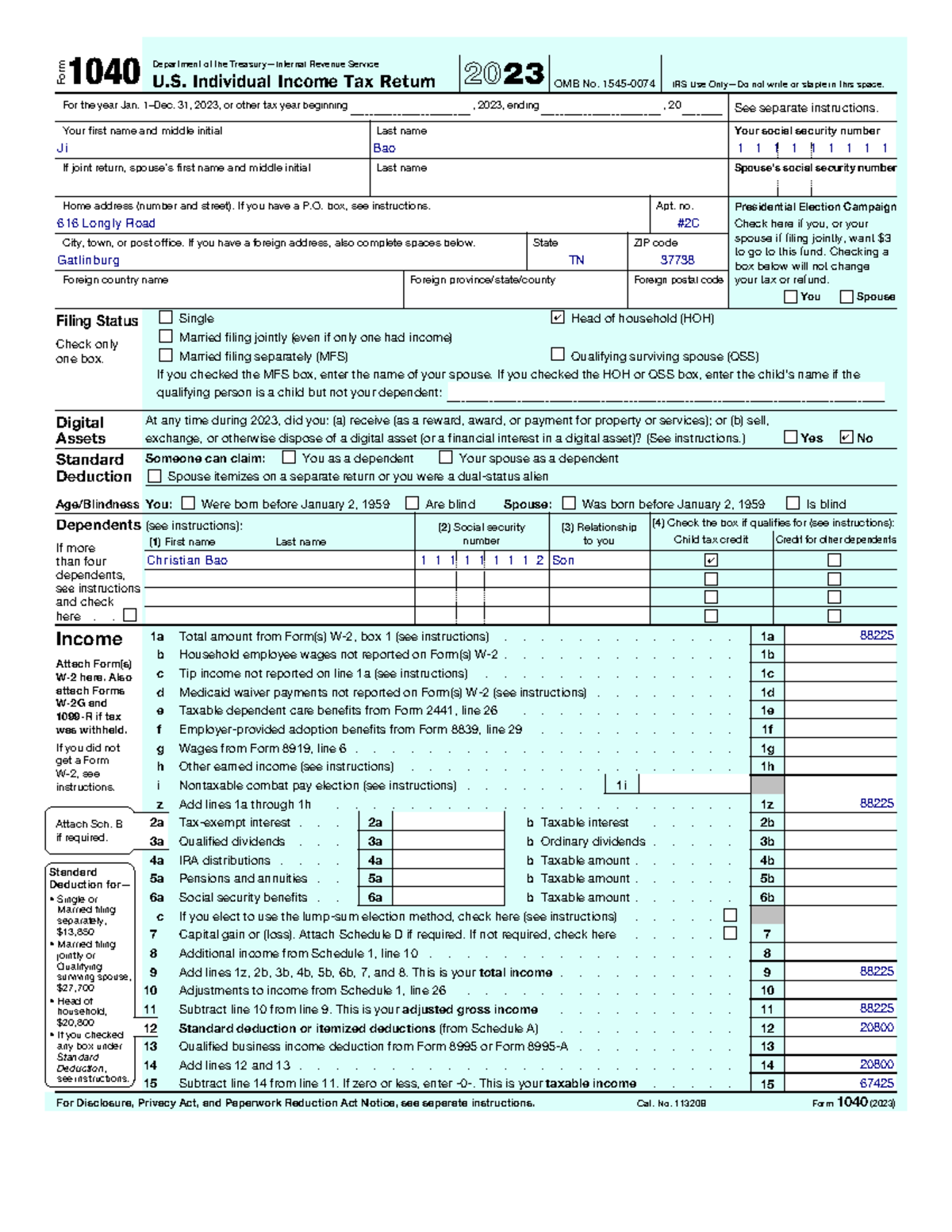 Tax Form 1040 for Individual Income Return - JI Bao 2023 - Studocu