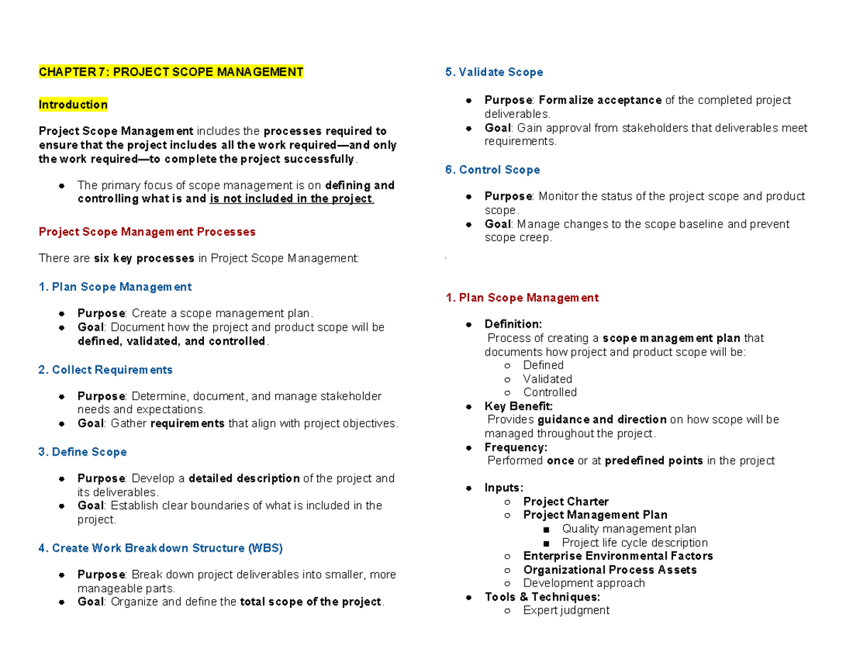 CHAPTER 7: PROJECT SCOPE MANAGEMENT - Key Processes and Definitions ...