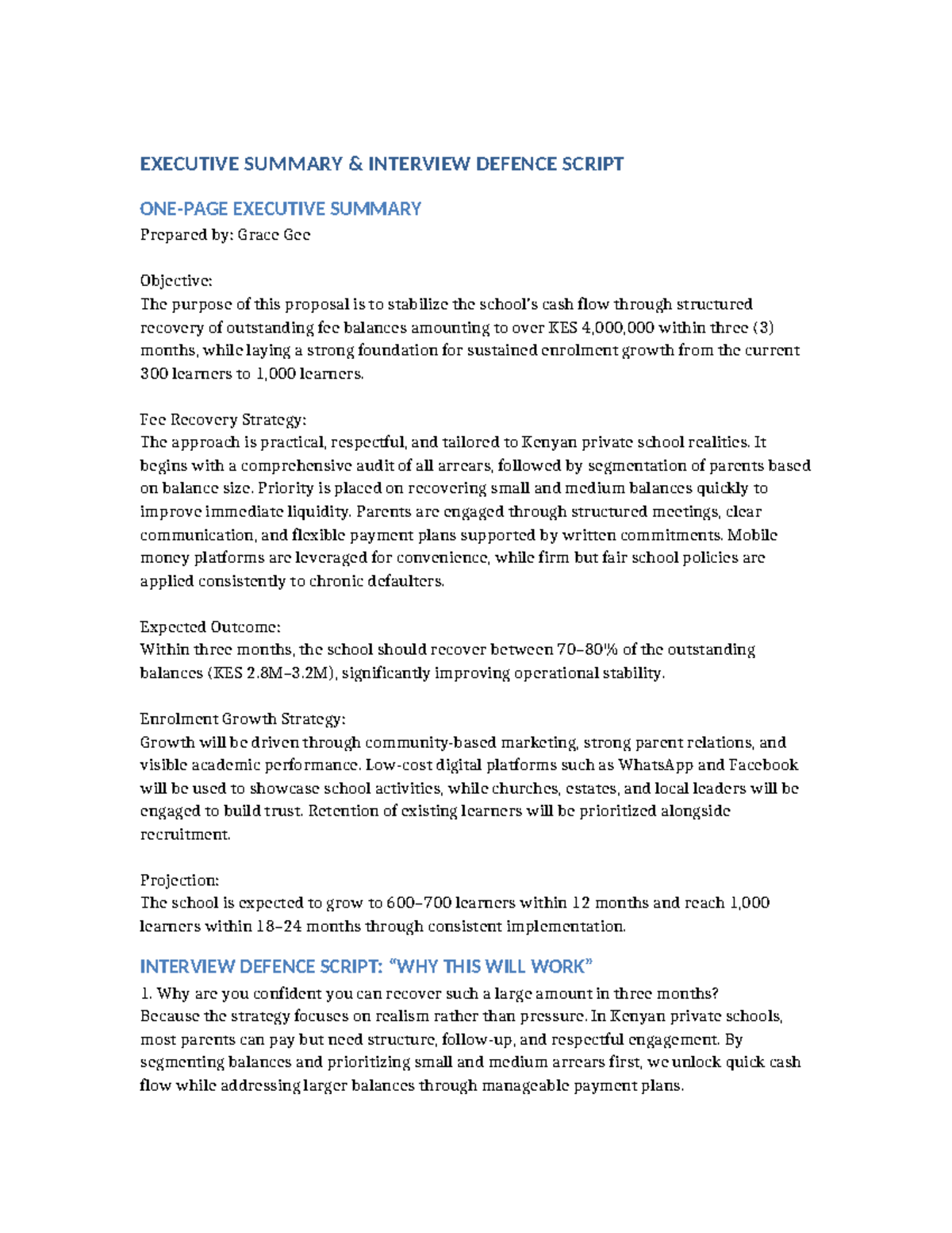 Executive Summary & Interview Defence Script - Grace Gee - Studocu