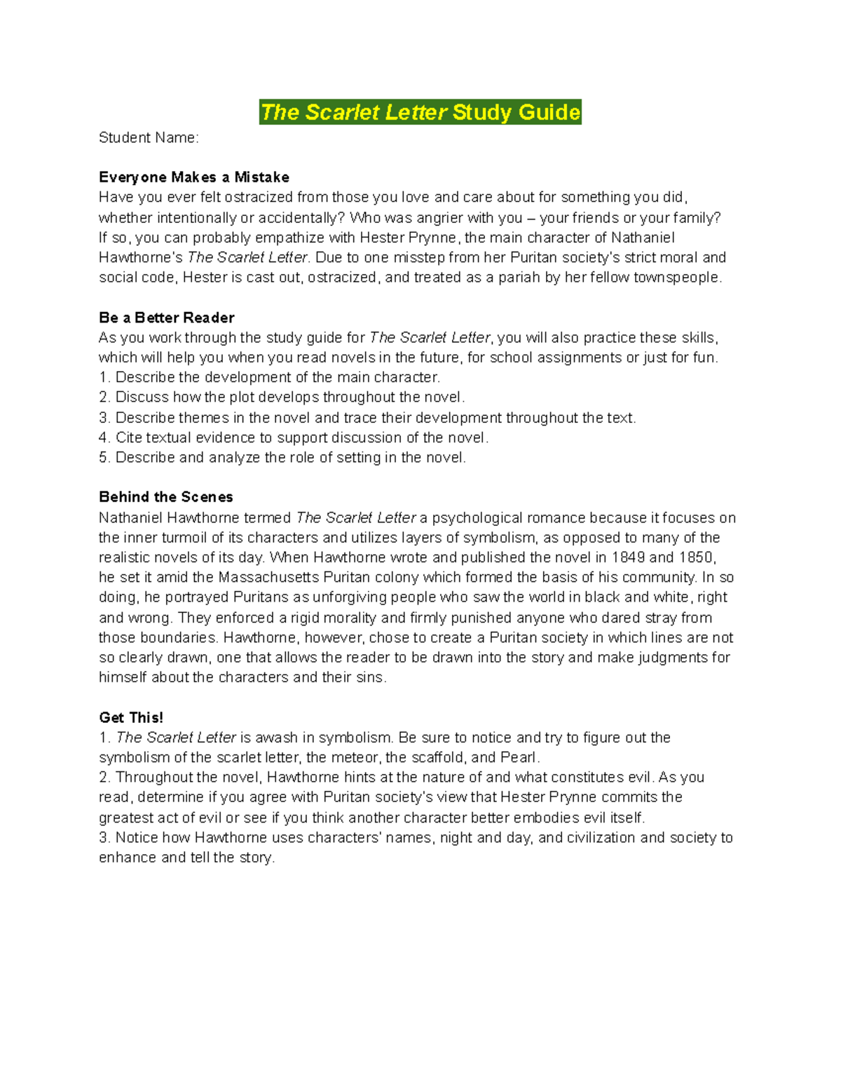 Copy of The Scarlet Letter Study Guide - The Scarlet Letter Study Guide ...