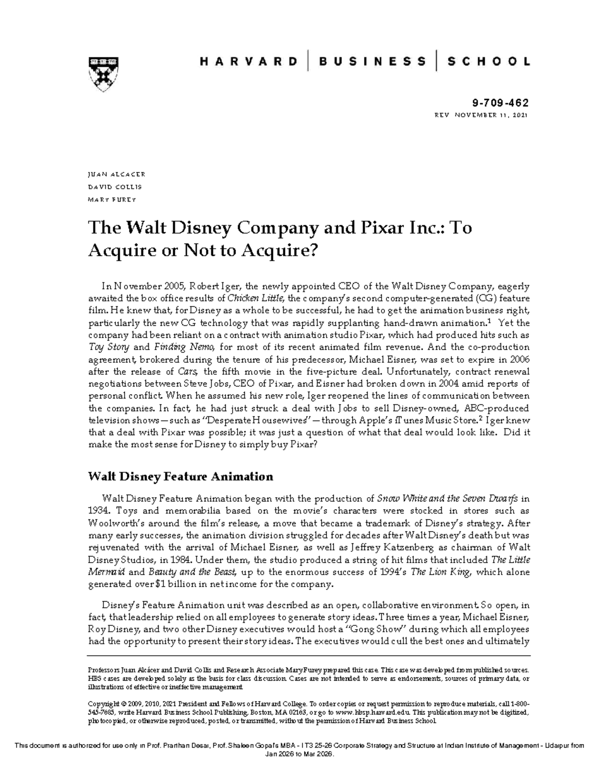 IIMU MBA I T3 Case Study: The Walt Disney Company & Pixar Inc ...