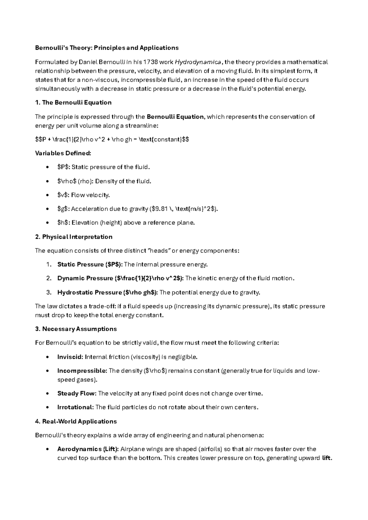 Bernoulli's Principle: Theory & Applications in Fluid Dynamics - Studocu