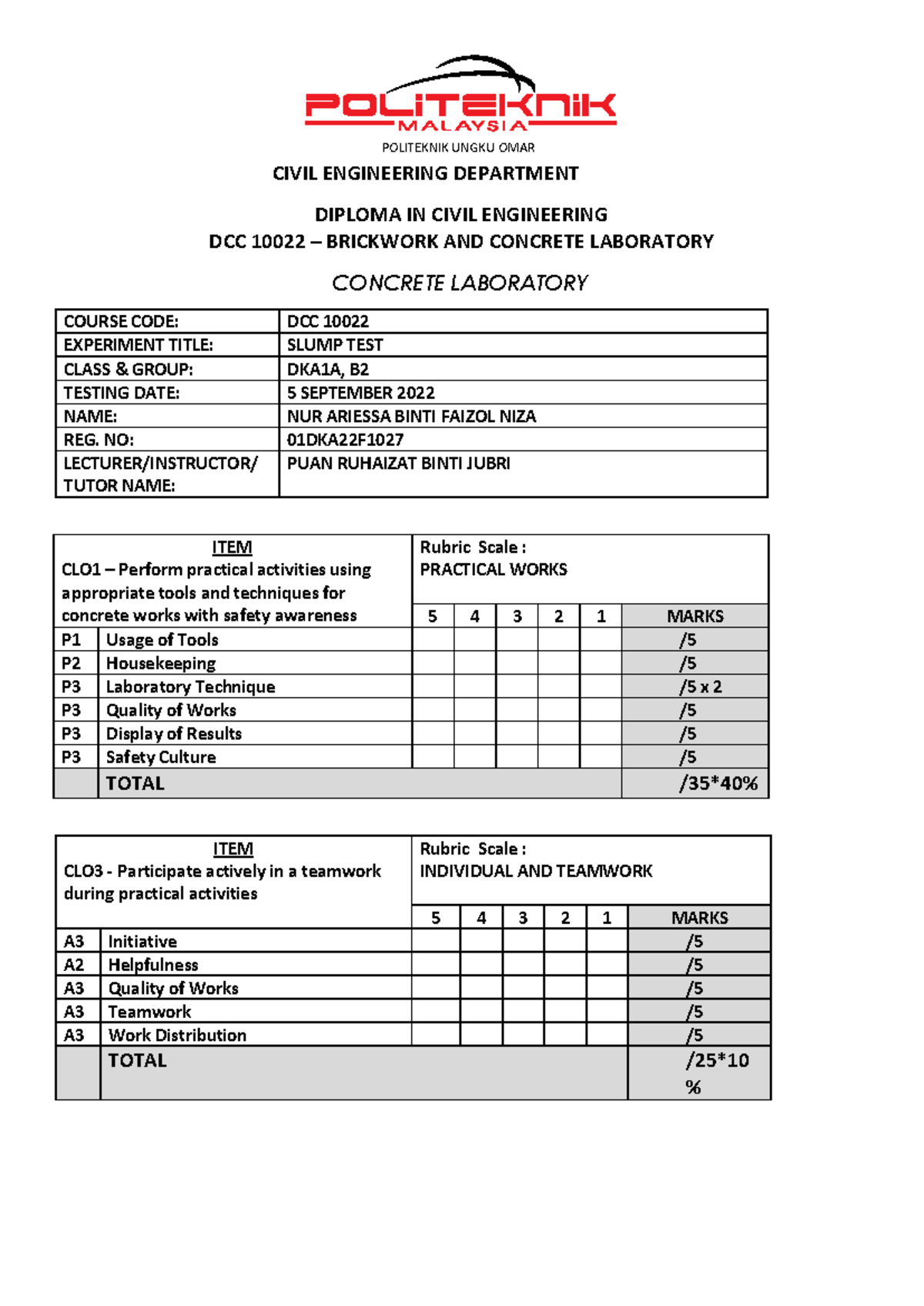 DCC10022 Concrete Lab – Comprehensive Slump Test Report - Studocu