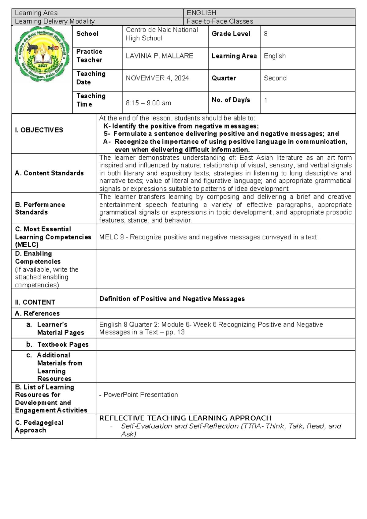 Grade 8 English Lesson Plan: Conveying Positive & Negative Messages ...