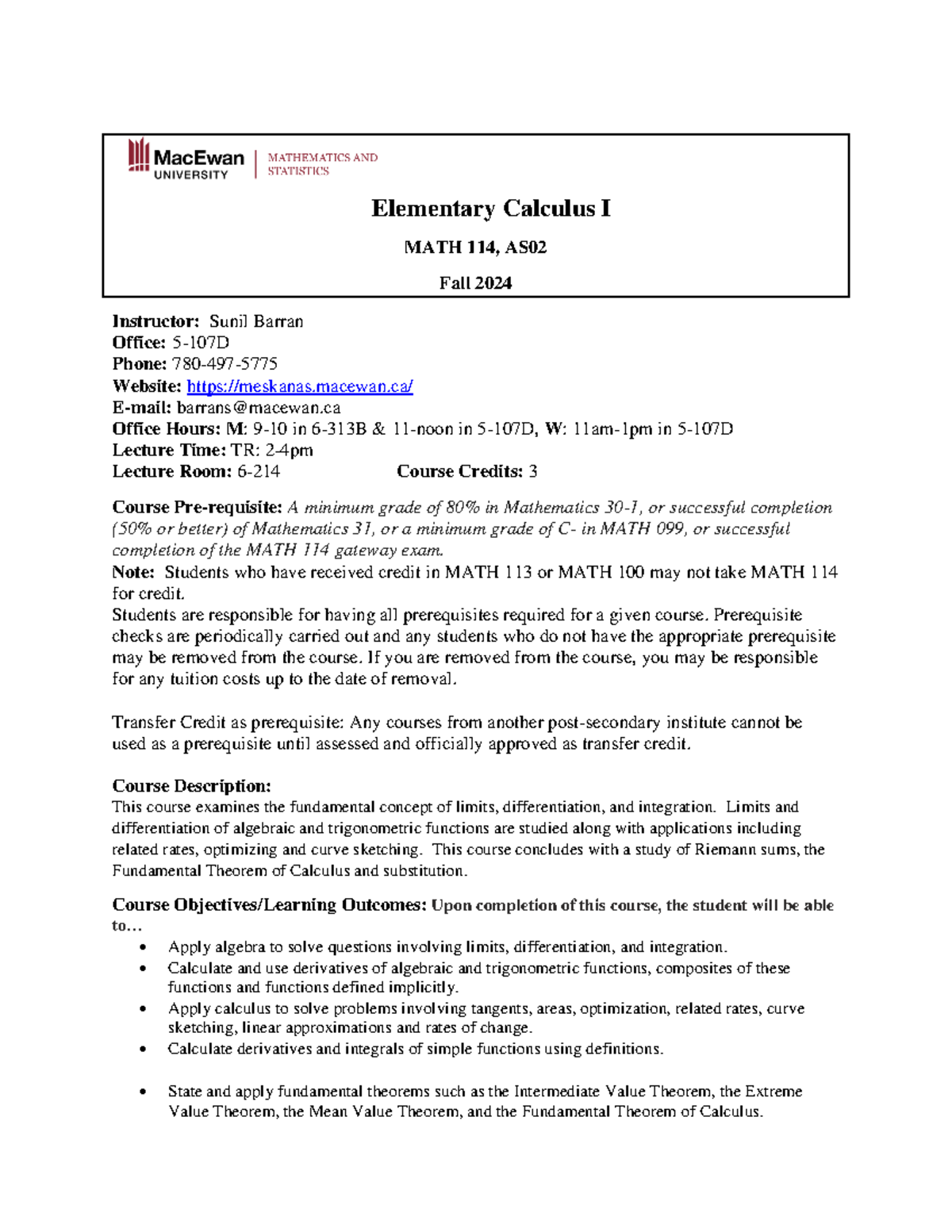 MATH 114 Sunil Barran MacEwan - Elementary Calculus I MATH 114, AS0 2 ...