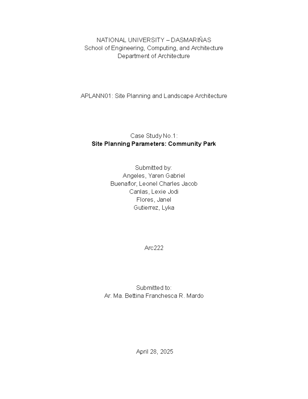 Aplann 01 CS1 T3 24 25 Case Study on Community Park Development - Studocu