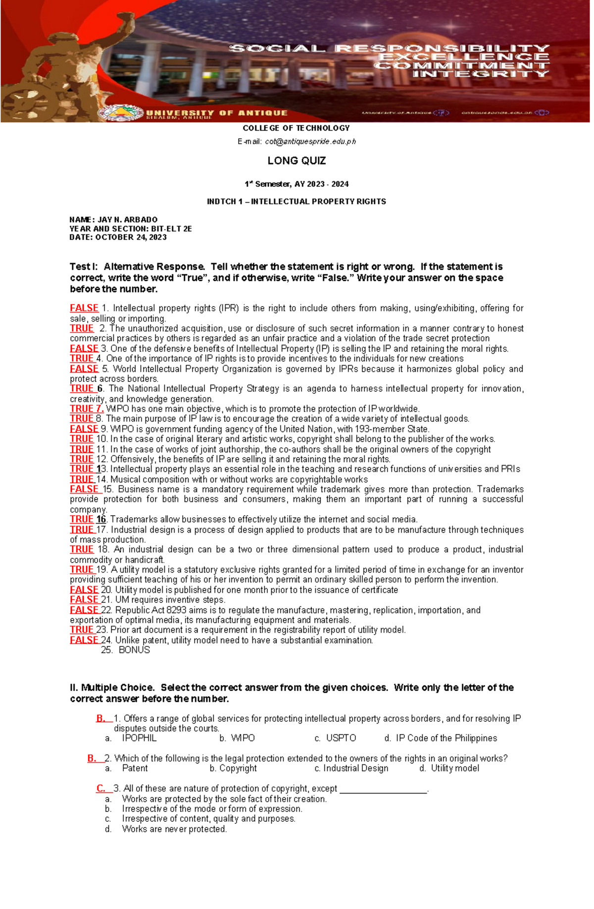 INDTCH 1 LONG QUIZ: INTELLECTUAL PROPERTY RIGHTS - AY 2023-2024 - Studocu