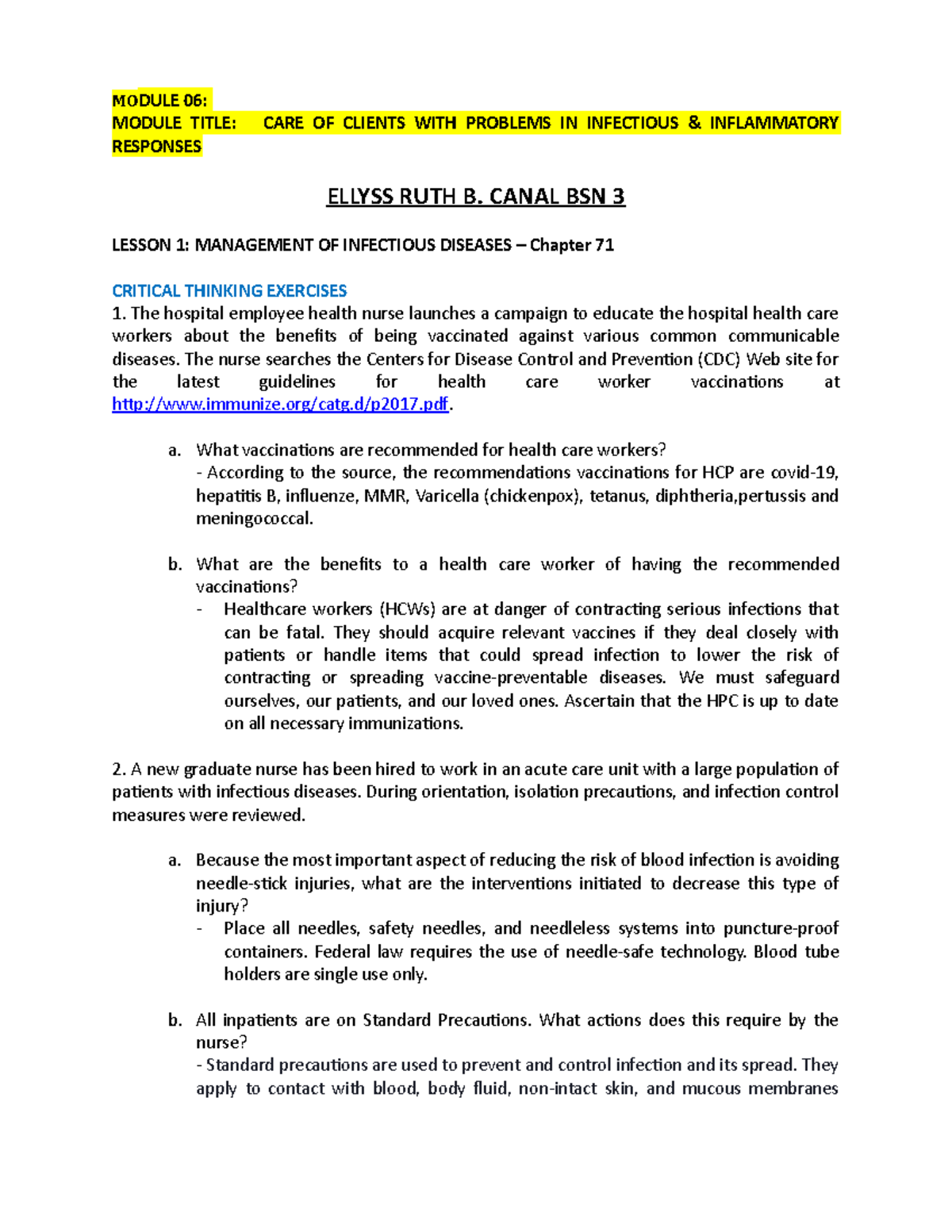M6-7 Activities- Canal - ER - MODULE 06: MODULE TITLE: CARE OF CLIENTS ...