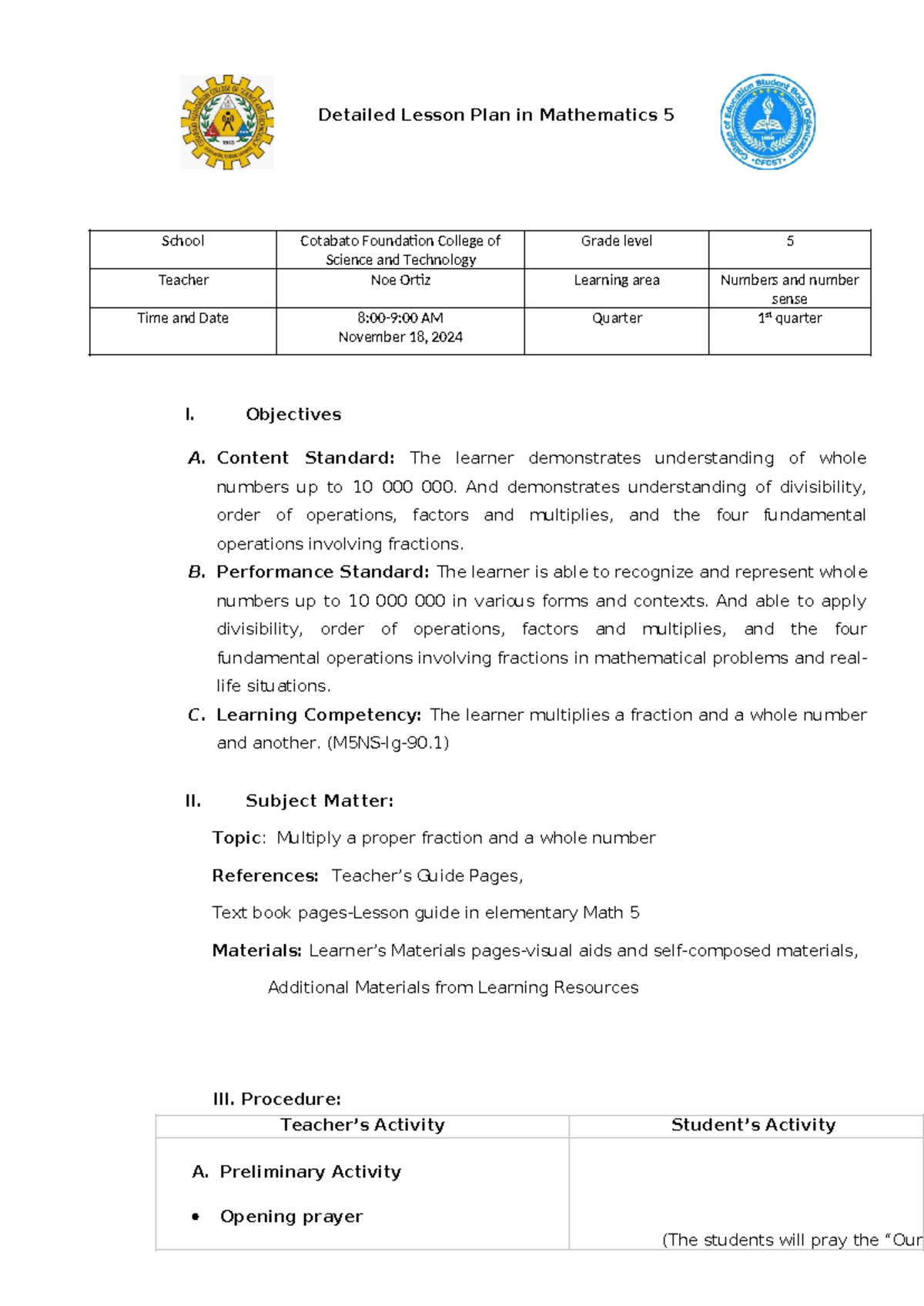 Detailed Lesson Plan: Multiplying Proper Fractions & Whole Numbers ...