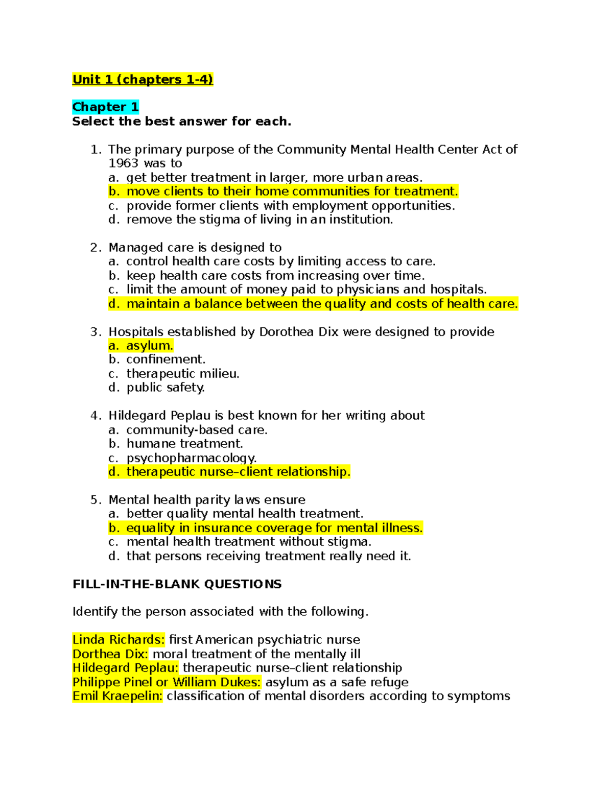 MH Exam 1 Study Guide Questions Ch. 1-9 - Unit 1 (chapters 1-4) Chapter ...