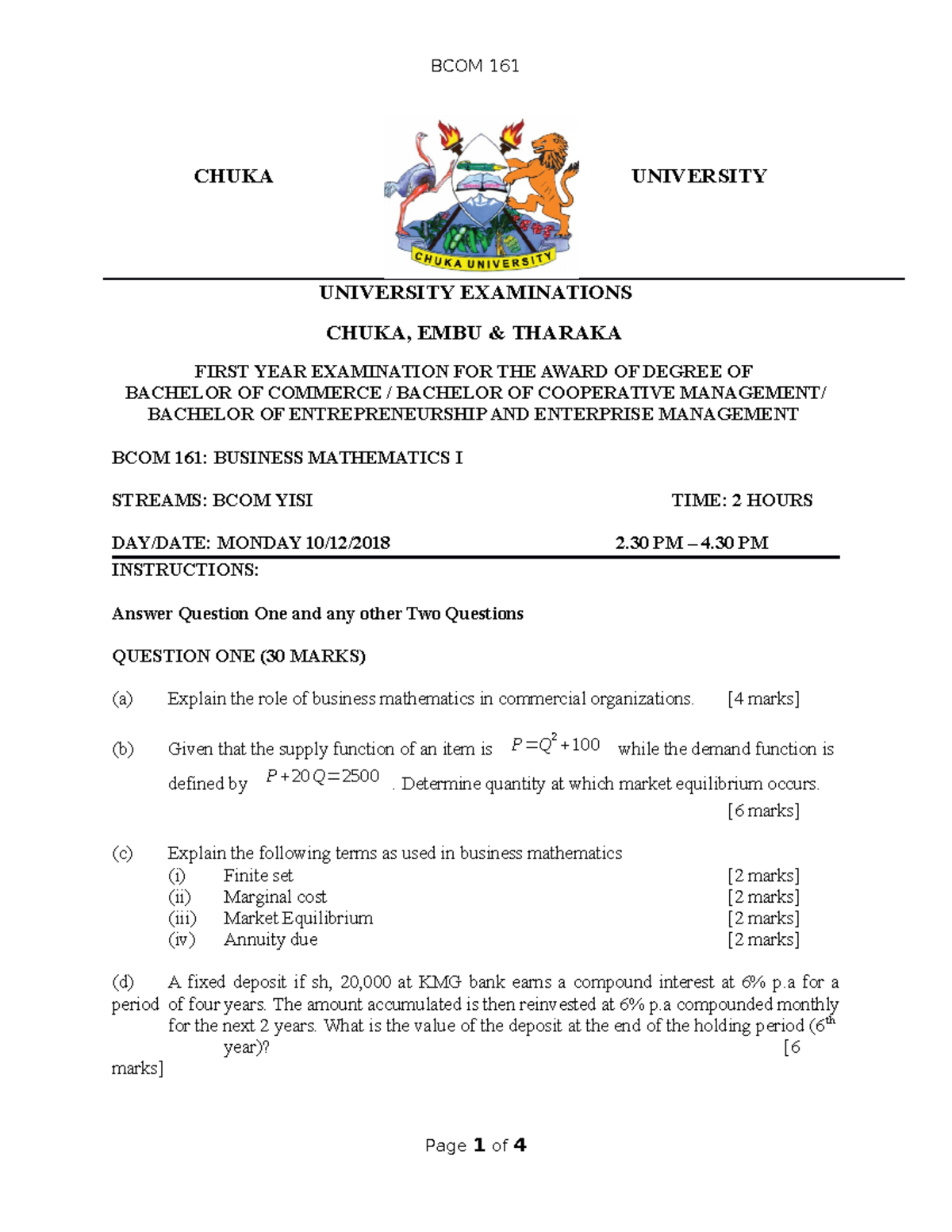 BCOM 161 - This are sample questions of business maths for practice ...