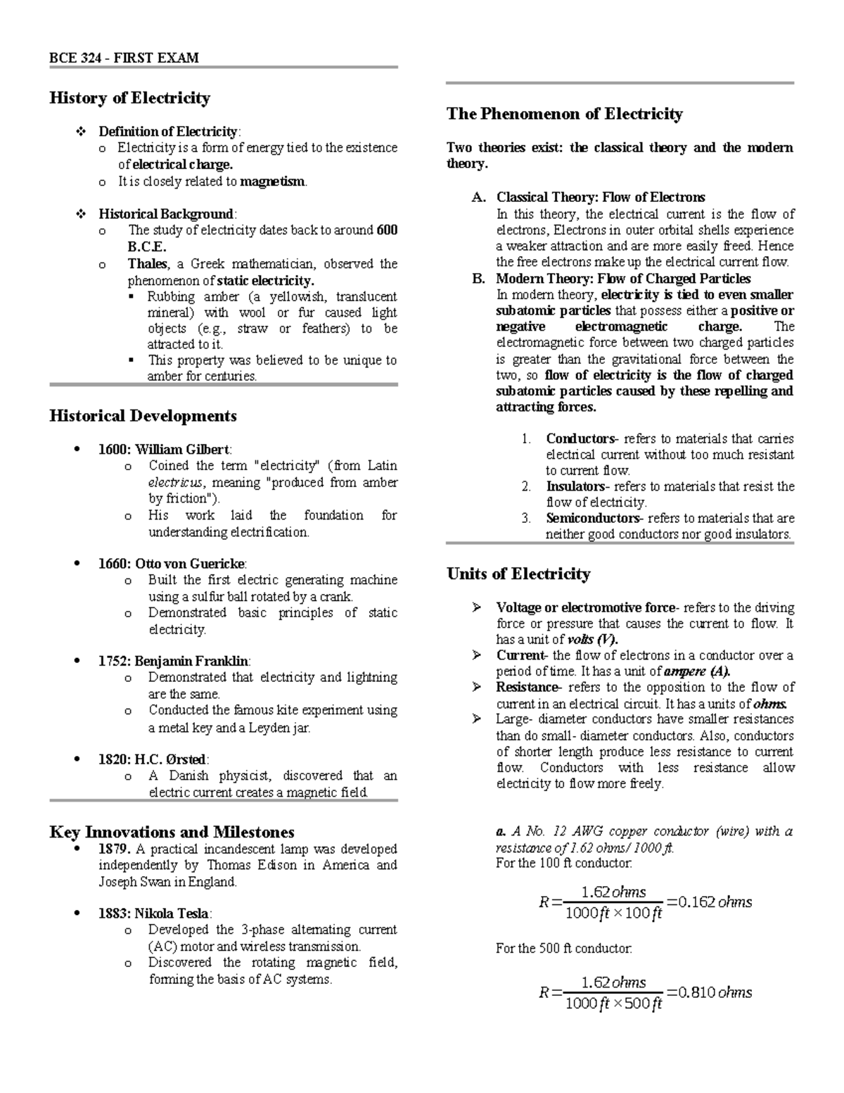 BCE 324 FIRST EXAM Review: History and Concepts of Electricity - Studocu