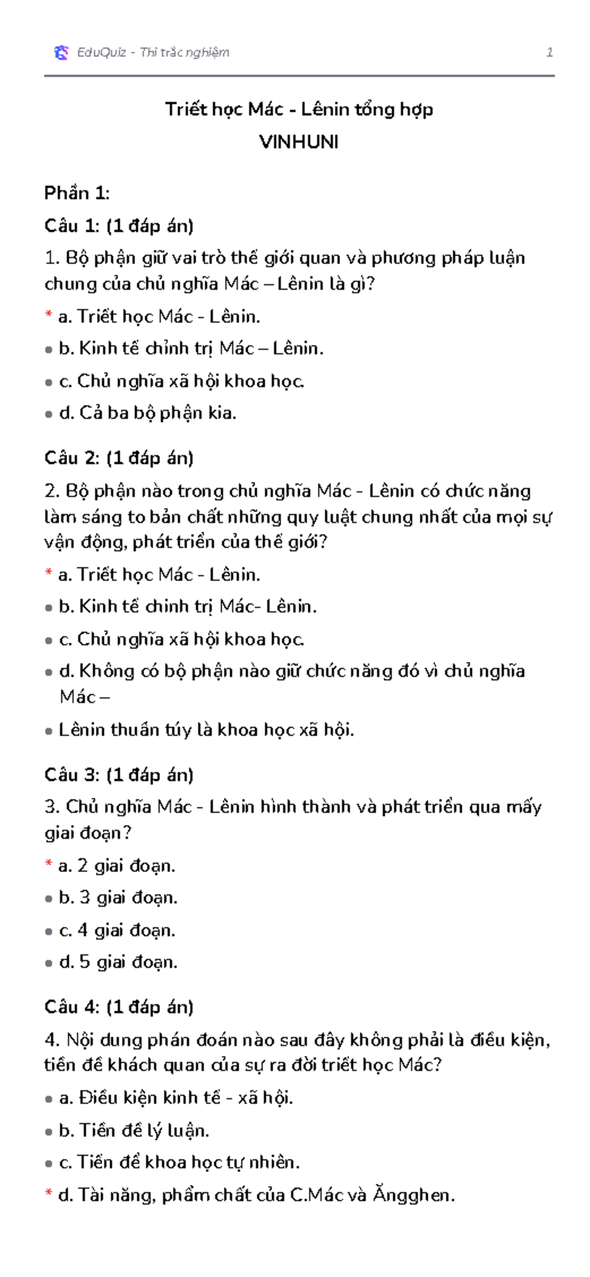 EduQuiz Thi trắc nghiệm 1 Triết học Mác Lênin tổng hợp VINHUNI - Studocu