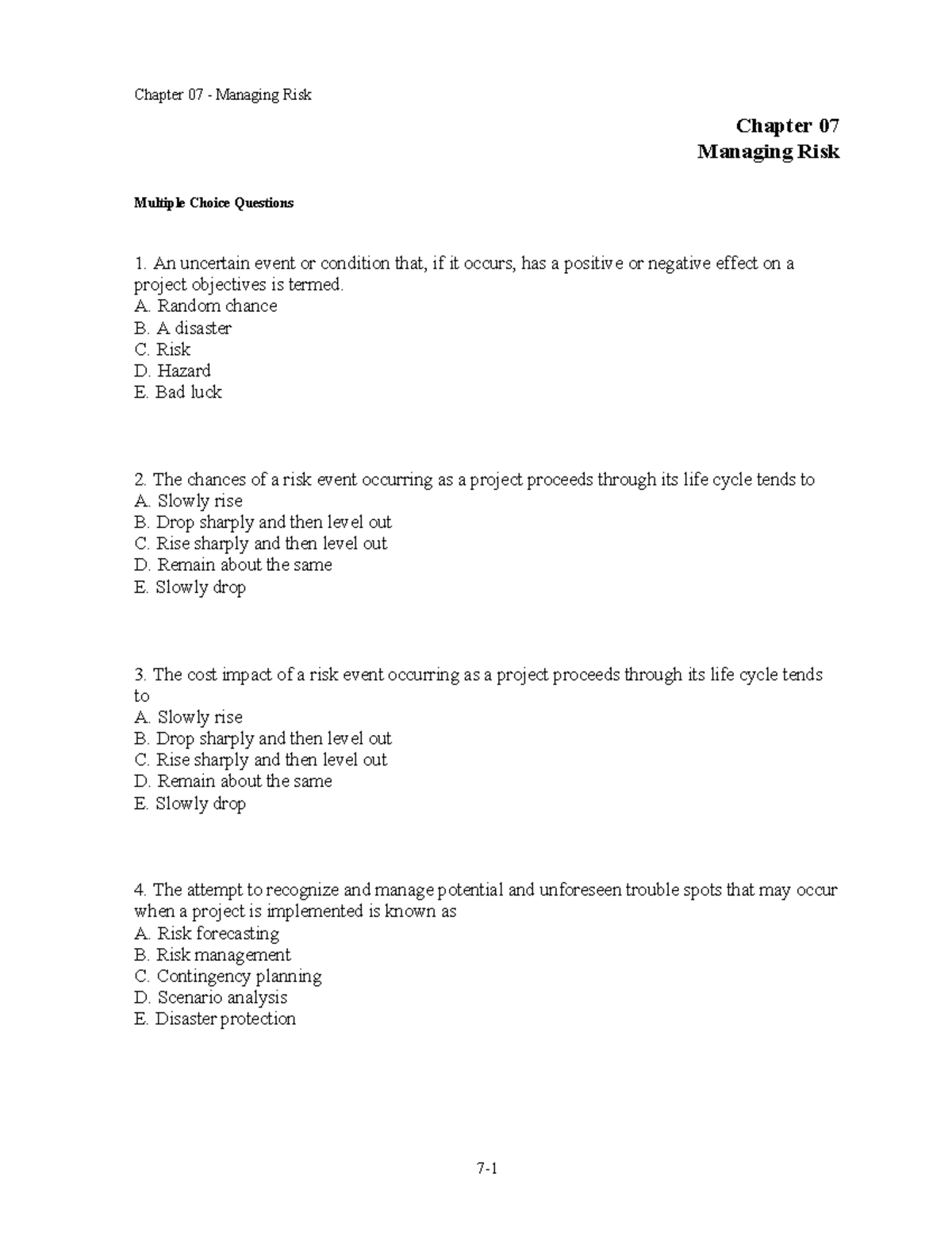 CH7 Testbank - Project Management Risk Management Questions - Studocu