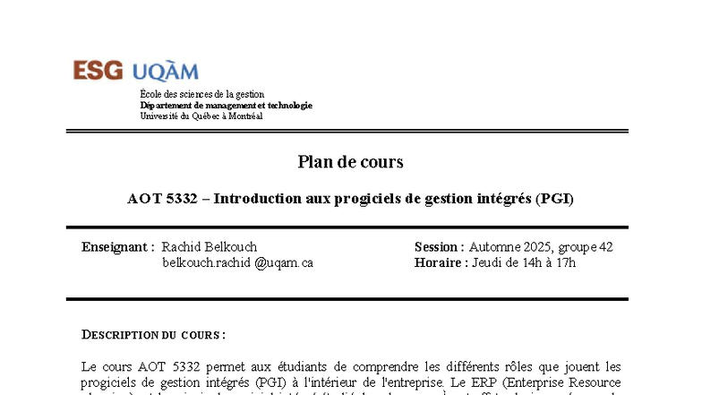 AOT 5332 - Plan de Cours: Introduction aux PGI - Automne 2025 (Gr42 ...