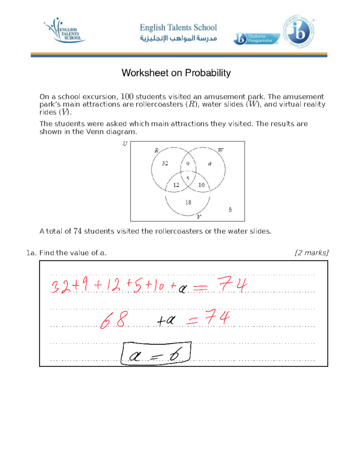 Probability Worksheet - Answer Key for ENGLISH TALENTS SCH - Studocu