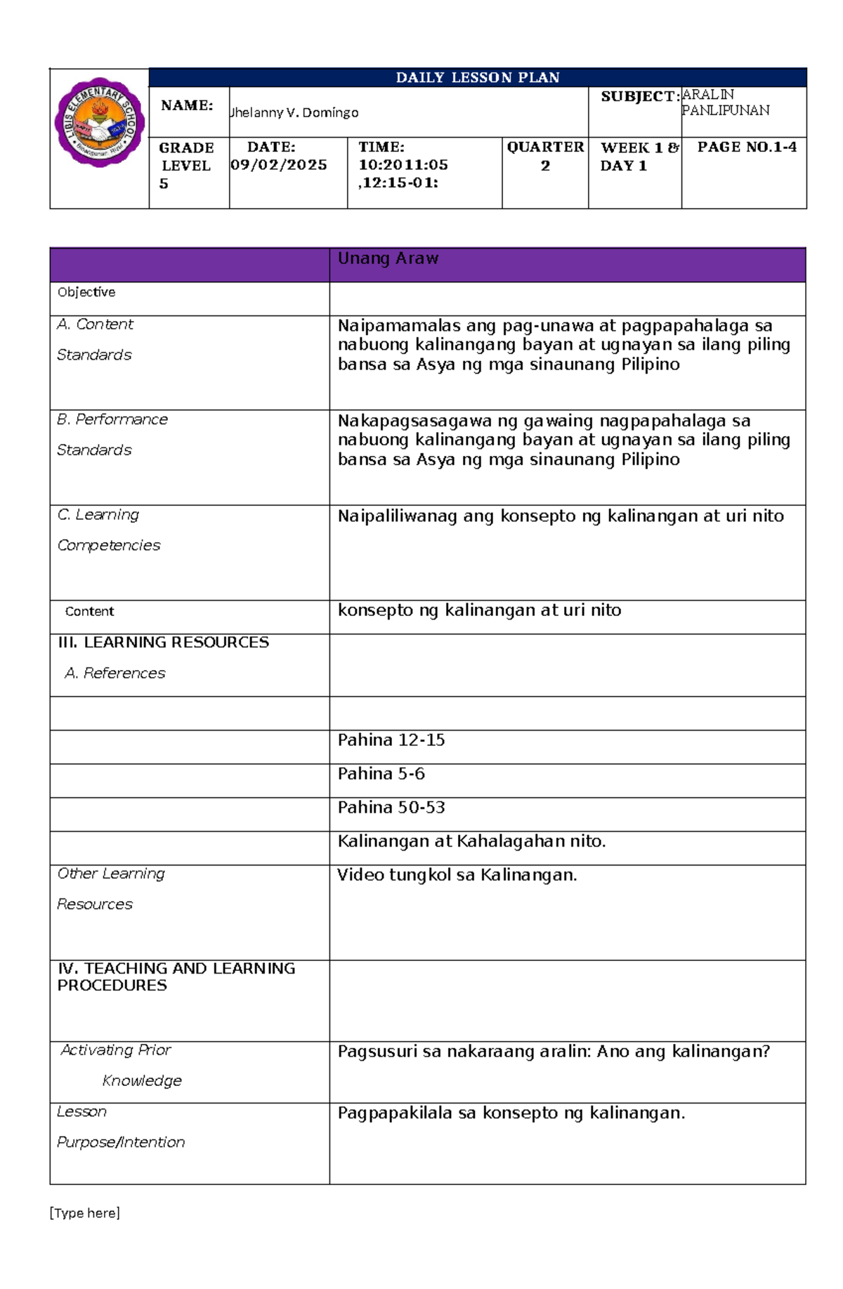 AP 5 Q2 WEEK 1 DAY 1 - Daily Lesson Plan for Aralin Panlipunan - Studocu