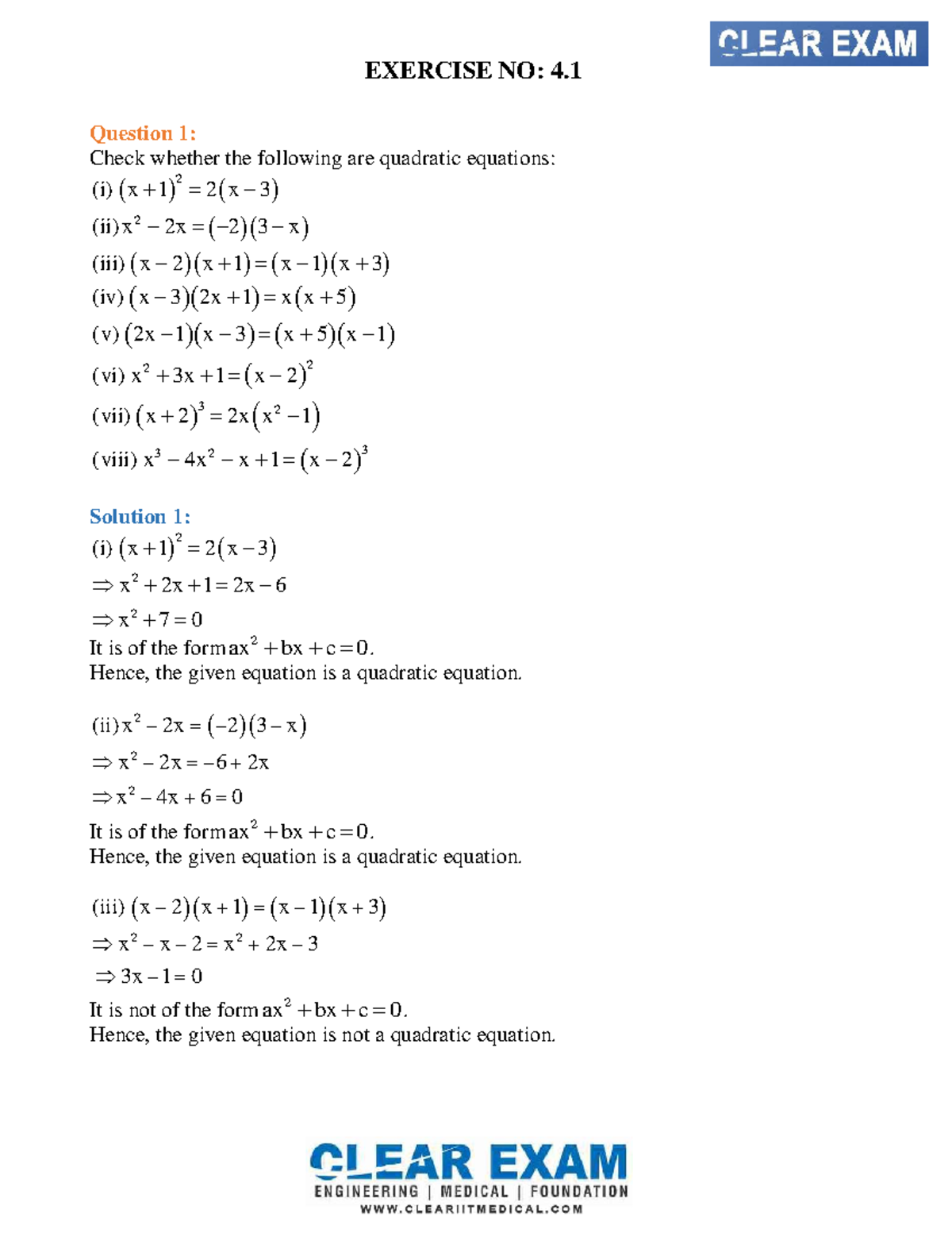 NCERT Class 10 Maths Chapter 4: Quadratic Equations Exercises and ...