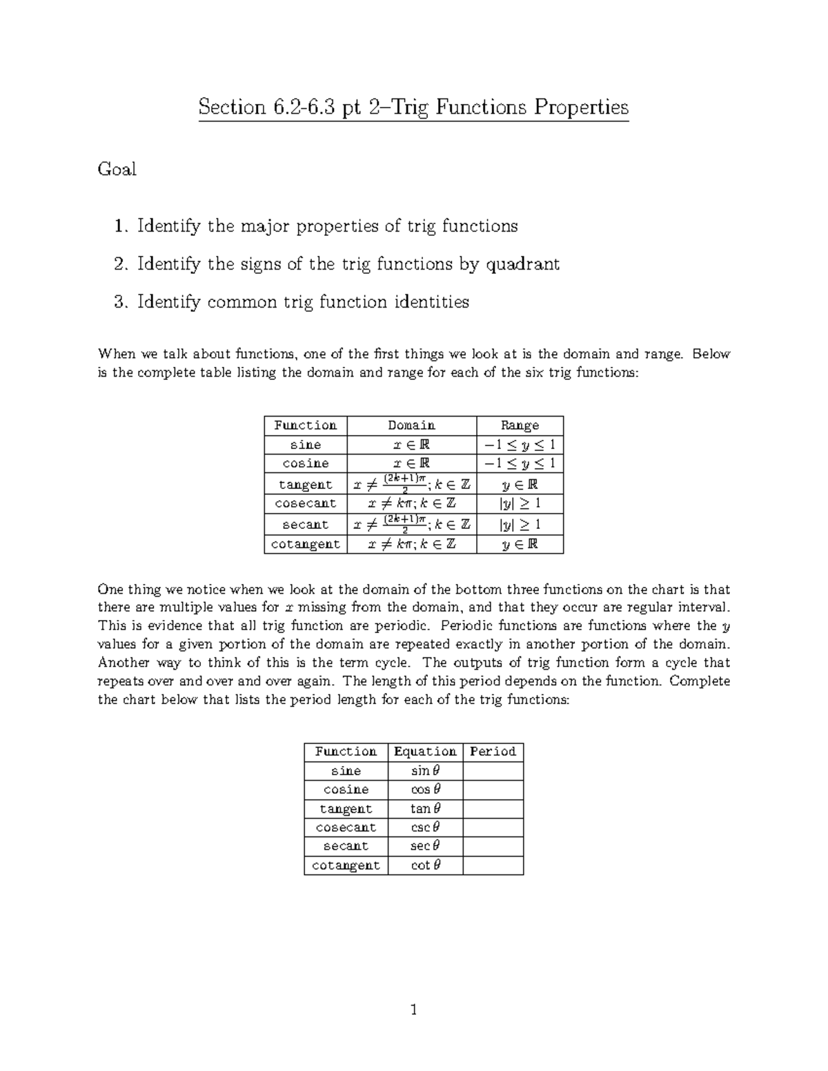Trig Functions: Properties & Identities - Math 1351630, Sections 6.2-6. ...