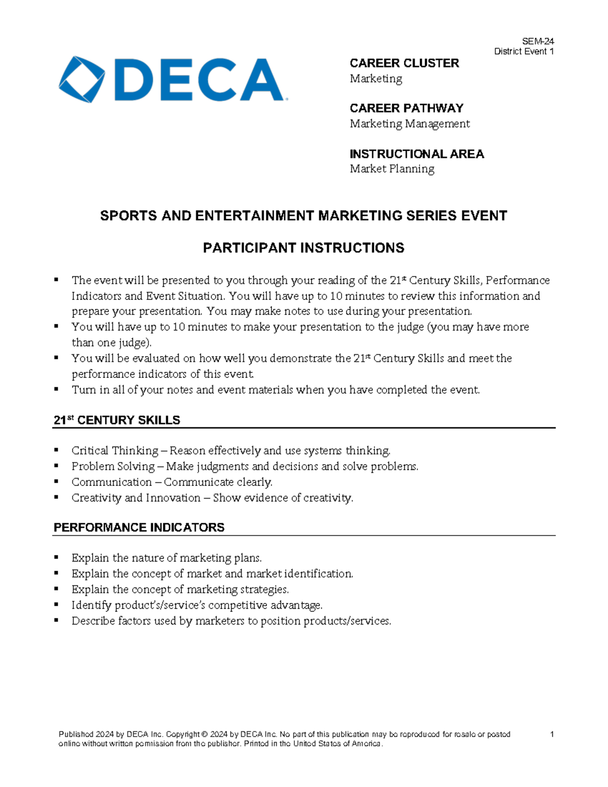 DECA SEM 2024 District Event 1: Marketing Management Presentation Guide ...