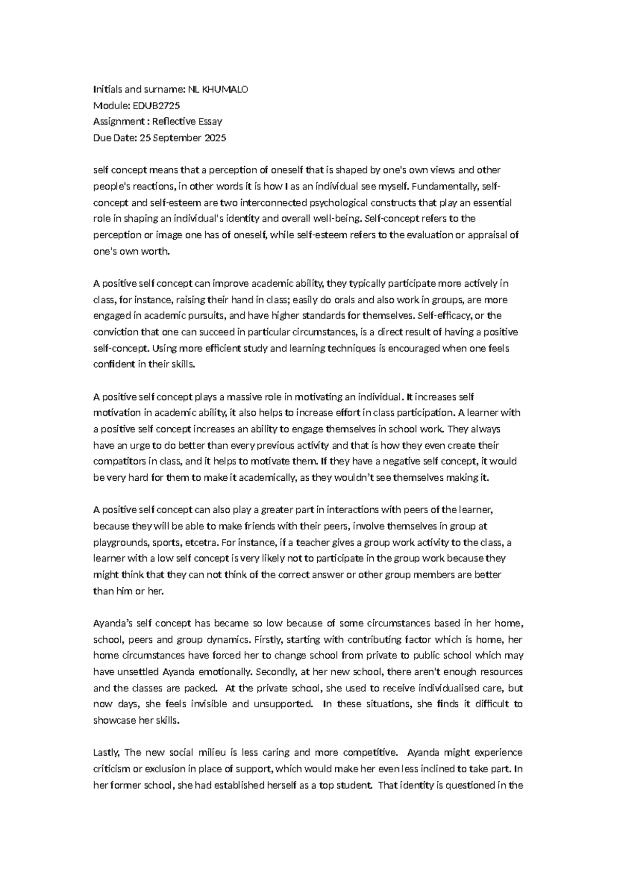 EDUB2725 Reflective Essay on Self-Concept and Identity - Studocu