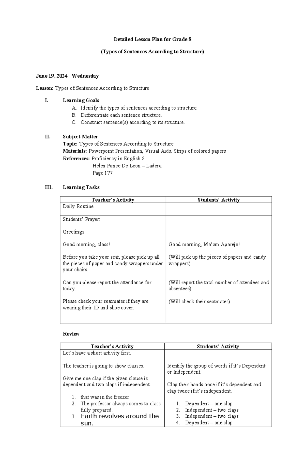Grade 8 English Lesson Plan: Types of Sentences (Detailed) - Studocu