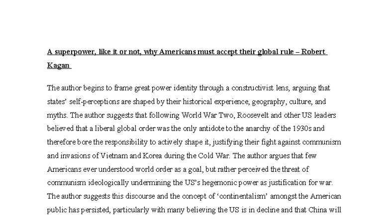 Reading 2 - Kagan: Understanding American Global Power Dynamics - Studocu