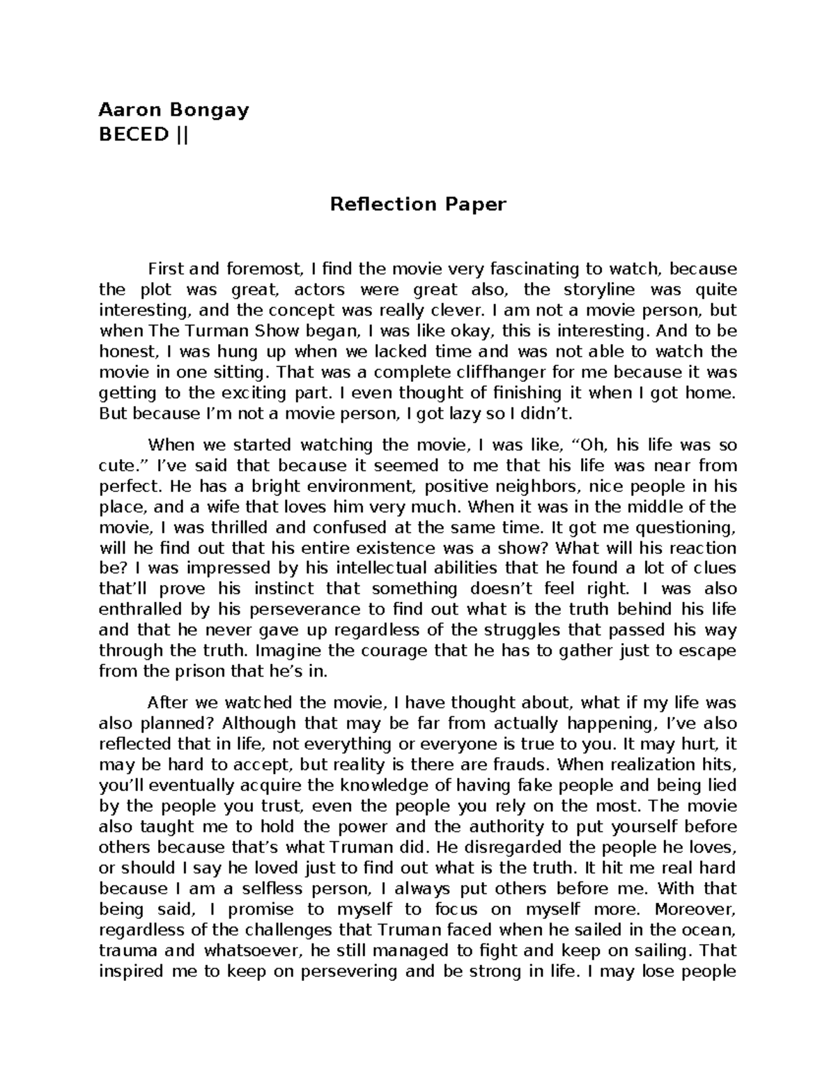 Roron ref - dere - Aaron Bongay BECED || Reflection Paper First and ...