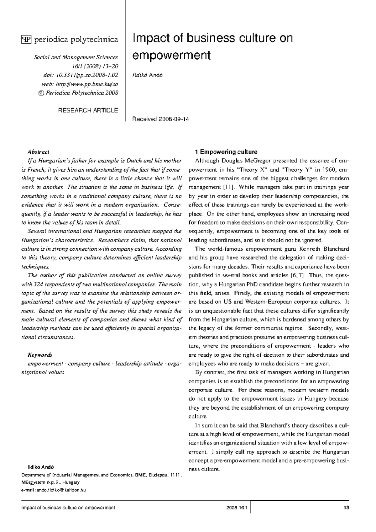 Impact of Business Culture on Empowerment: A Study by Ildikó Andó (2008 ...