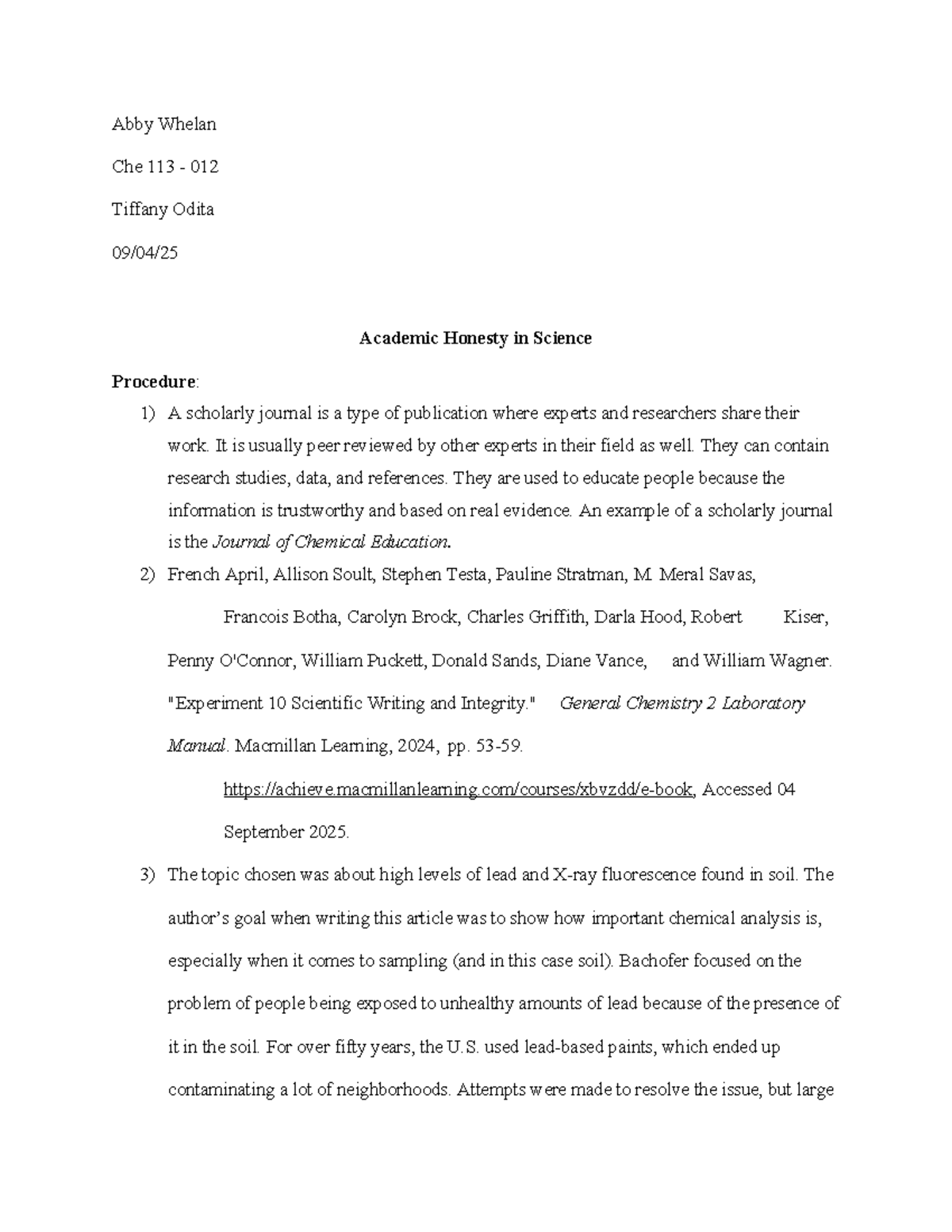 Academic Honesty in Science: Che 113 012 Assignment Insights - Studocu