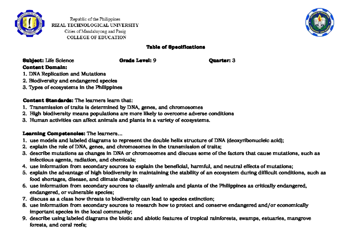 Table of Specifications: Life Science (Grade 3) - DNA, Biodiversity ...