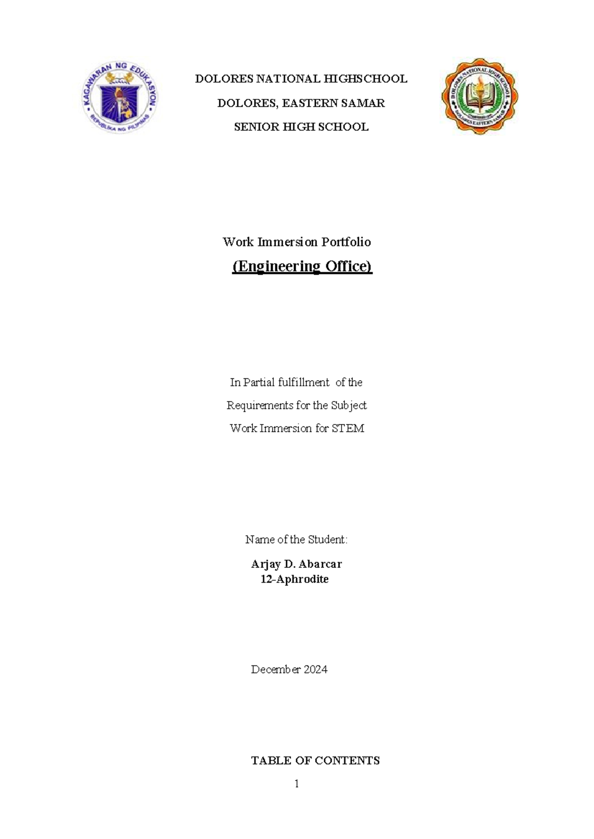 Work Immersion Portfolio (Engineering Office) - STEM 12 - Studeersnel
