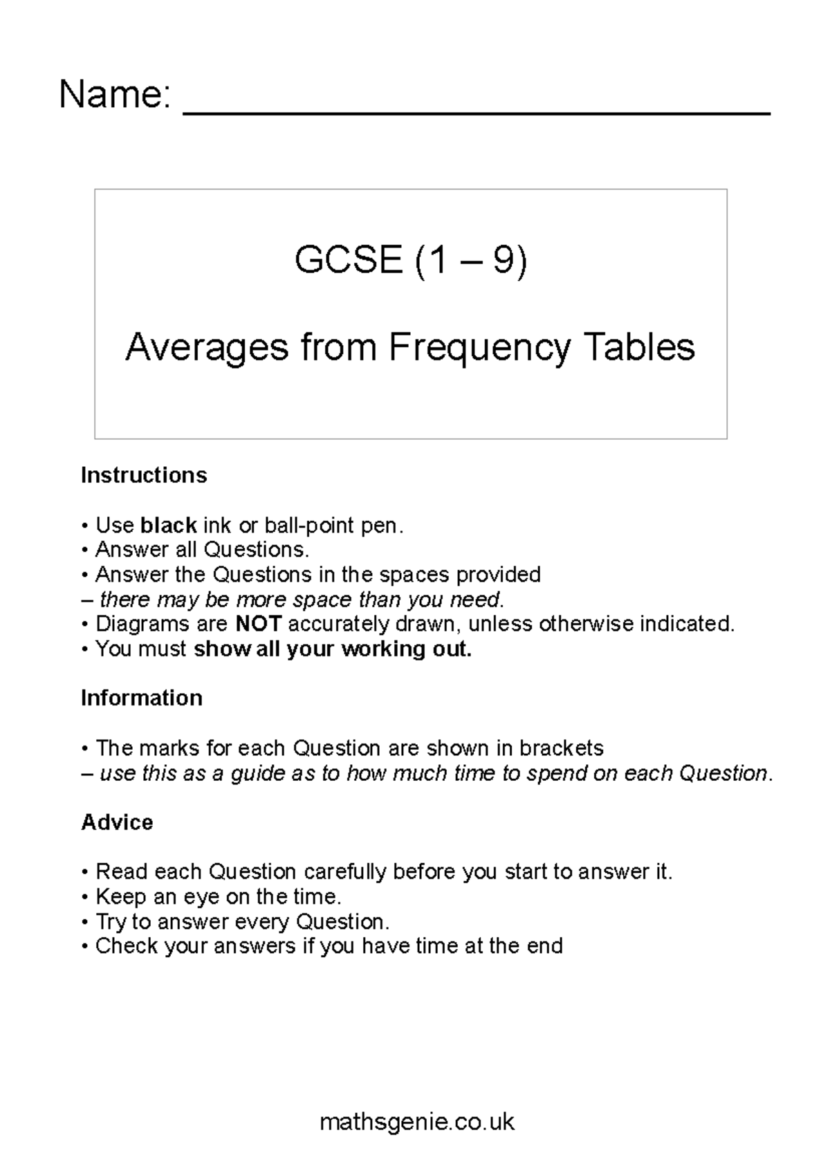GCSE Maths Averages from Frequency Tables - Practice Questions - Studocu